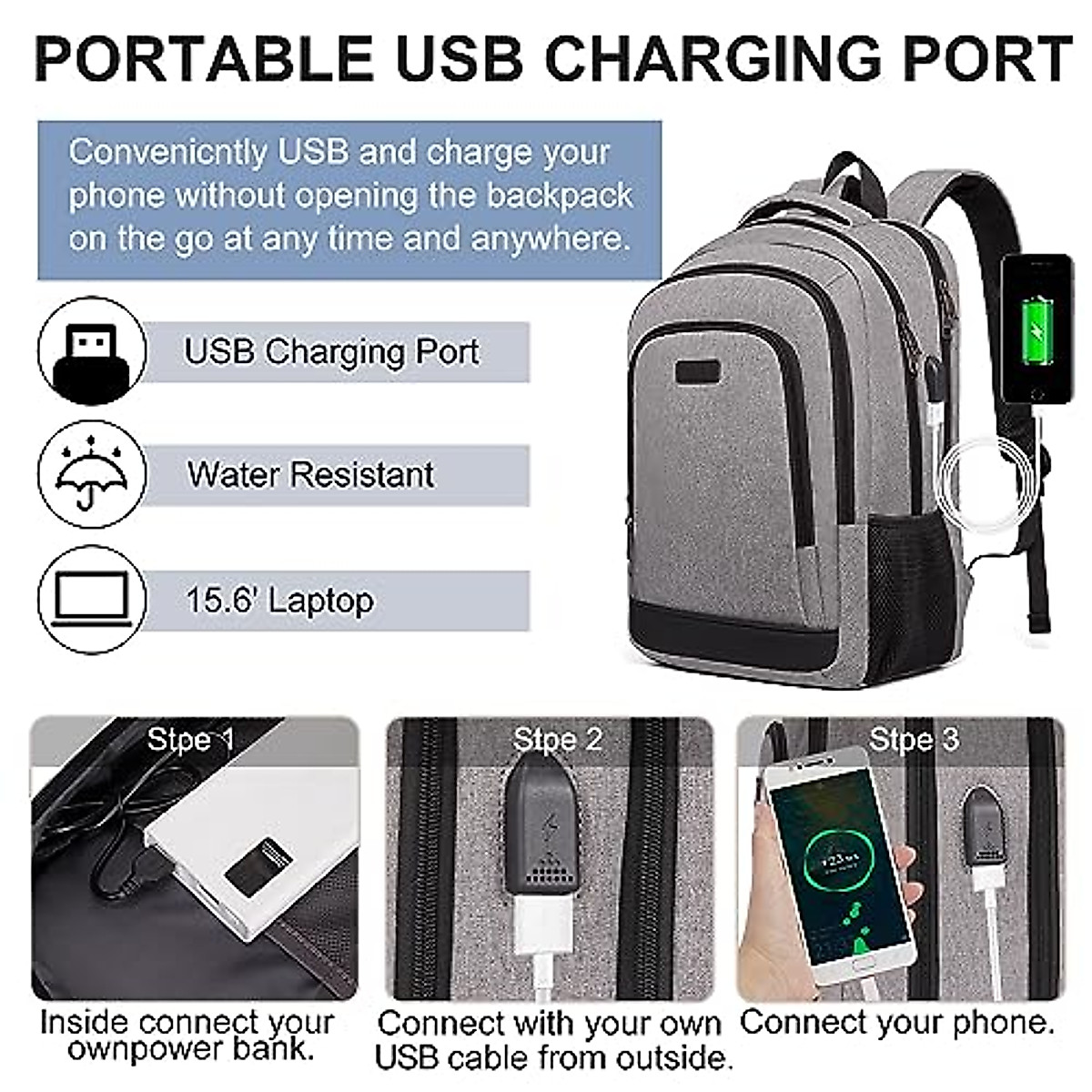 CLUCI Laptop Backpack for Men Women School Backpack College Bookbag for Men Water Resistant Travel Work Backpacks Fits 15.6" Laptop Business Computer Bag with USB Charging Port Grey