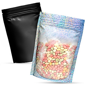 Resealable Black STANDUP Mylar Hologram Metallic Amazing Bags 5 * 8 inches. 100 Pk – Airtight, Waterproof, Zip Lock seal-Opaque Foil Pouch. Food Grade Bags Long shelf-life Storage (Large Black-Metal)