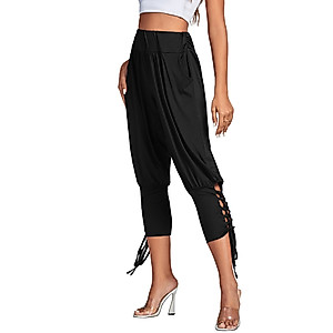 LYANER Women's Elastic High Waist Drawstring Wide Leg Palazzo Pants Loose Trousers Black X-Large