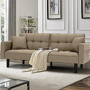 AVAWING Futon Sofa Bed, Modern Linen Fabric Convertible Upholstered Couch with Adjustable Back, Arms and High Strength Nylon Legs for Living Room, Apartment, Office (Khaki)