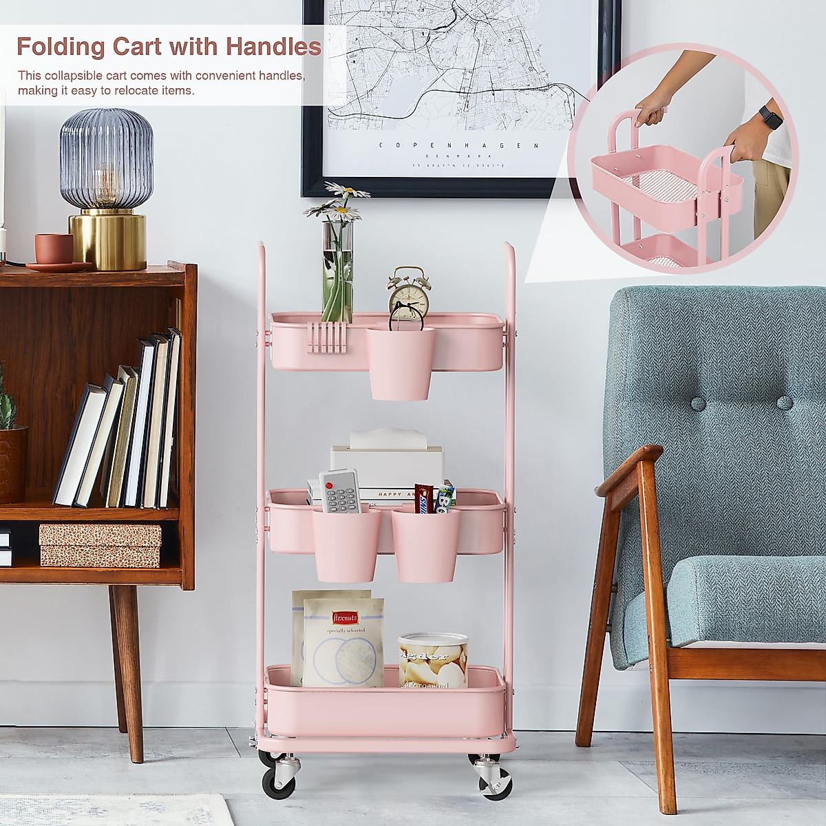 DTK 3 Tier Foldable Rolling Cart, Metal Utility Cart with Lockable Wheels, Folding Storage Trolley for Living Room, Kitchen, Bathroom, Bedroom and Office, Pink