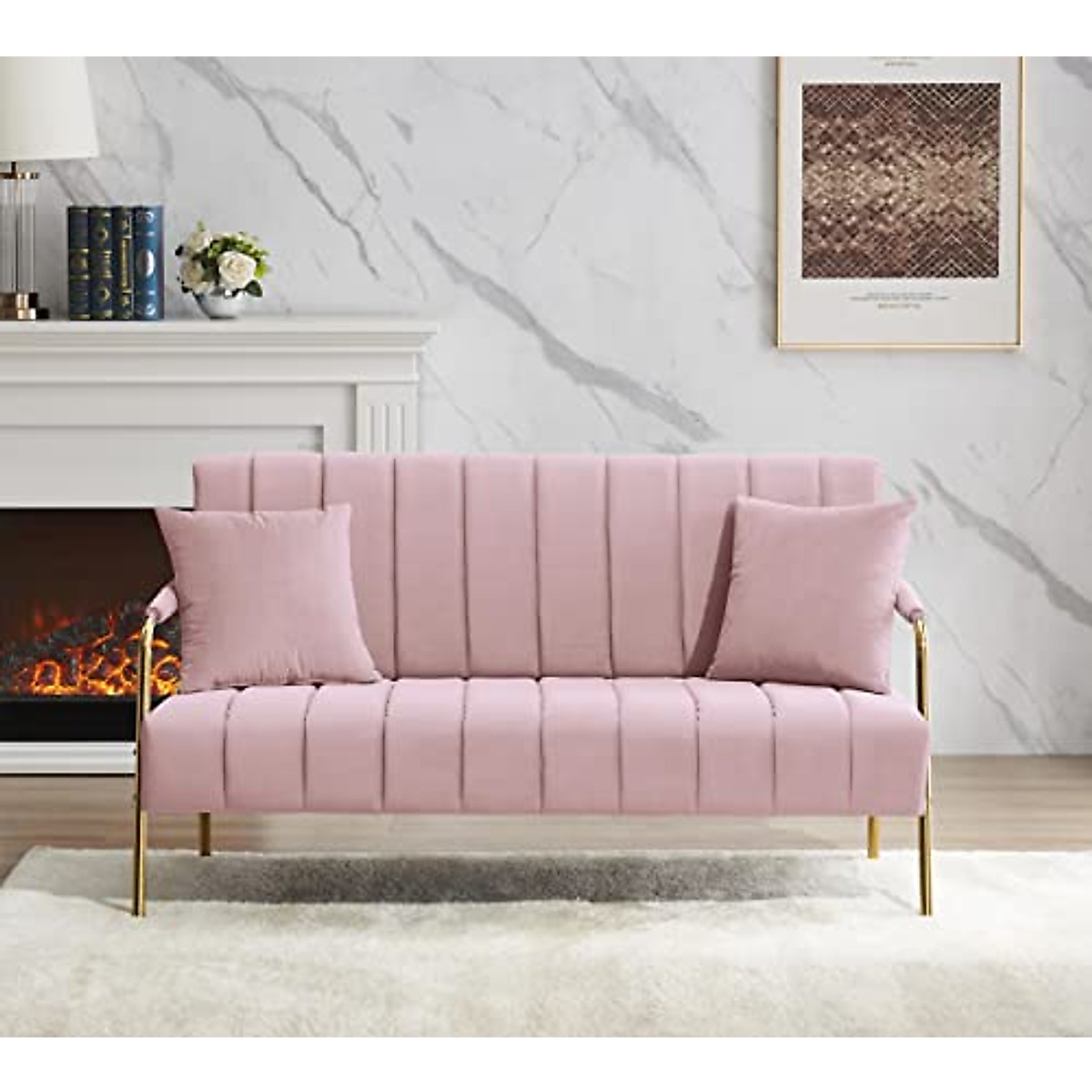 Yoluckea Loveseat Sofa Small Couch, Upholstered Love Seats Furniture with Two Throw Pillows and Golden Metal Legs Suitable for Small Spaces (Pink)