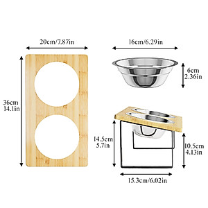 Elevated Cat Bowls Double: 15°Tilted Bamboo Food & Water Feeding Dishes - Large Stainless Steel Feeder Set for Cat & Puppy