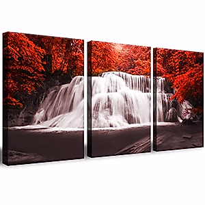 CERLMLAND Waterfall - Wall Art Painting Black White Red Landscape Canvas Wall Art 3 Pieces,Red Trees Forest Picture Prints for Home-office - canvas art wall art for living room 12x16inchx3pcs