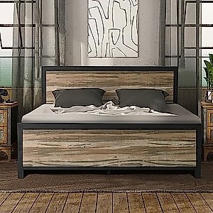 Catrimown Full Size Platform Metal Bed Frame with Wooden Headboard and Footboard, Rustic Full Bed Frame No Box Spring Needed, Under Bed Storage/Strong Slat Support/Easy Assembly, Brown