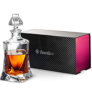 FineDine European Style Glass Whiskey Decanter & Liquor Decanter with Glass Stopper, 28 Oz.- With Magnetic Gift Box - Aristocratic Exquisite Quadro Design - Glass Decanter for Alcohol Bourbon Scotch.