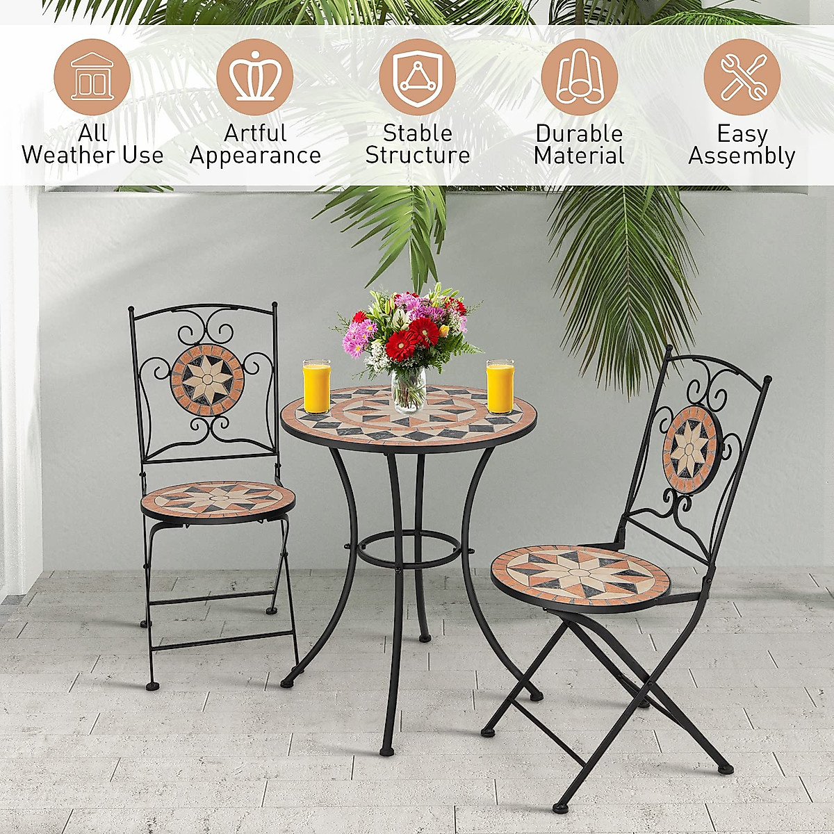 Tangkula 3 Pieces Patio Bistro Set, Outdoor Garden Furniture Set with Round Mosaic Coffee Table & 2 Folding Chairs, Portable Bistro Table & Chair Set for Balcony, Backyard, Poolside, Porch, Balcony