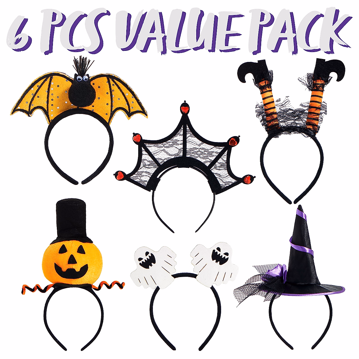 JOYIN 6 Pcs Halloween Headbands Pumpkin, Bat, Witch, Ghost, Witch Legs, Spider Web for Halloween Party, Costume, Trick or Treating, Cosplay Decoration (One Size Fit All)