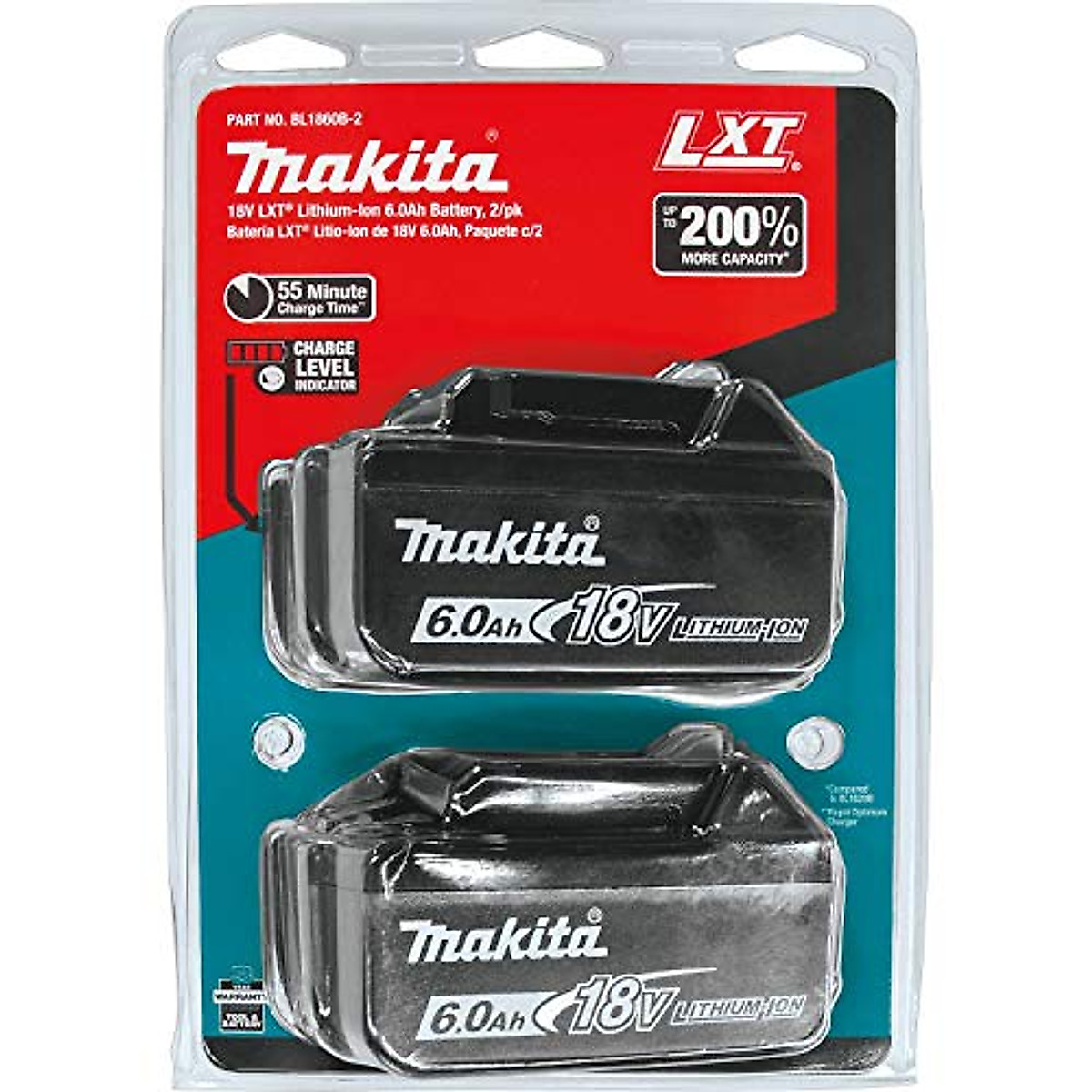 Makita BL1860B-2 18V LXT Lithium-Ion 6.0Ah Battery, 2/pk, Black