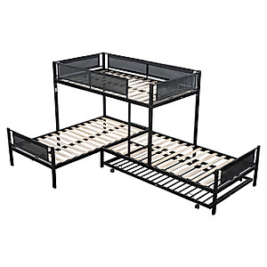 Tmsan Metal Triple Bunk Bed with Trundle for Kids, L Shaped Twin Over 2 Twin 3 Bunk Beds Heavy Duty Quad Bunk Beds for 4 Teens Adults Toddlers