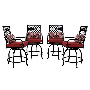 PHI VILLA Patio Outdoor Swivel Bar Stools Set of 4, Patio Bar Height Bistro Dining Chairs All Weather Metal Garden Furniture Sets with Cushion and Armrest, Red