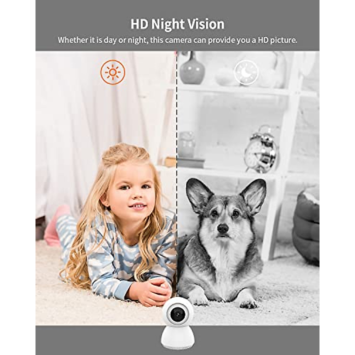 ZJX WiFi Camera Indoor, Pet Camera with Phone APP, 1080P Home Security Cam for Dog/Cat/Baby/Elder/Nanny, 2-Way Talk, Motion Tracking, Motion and Sound Detection, Compatible with Alexa White IC-03