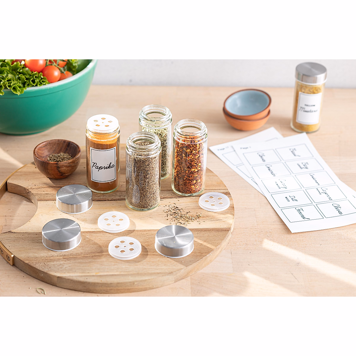 Orii 24 Glass Spice Jars with Stainless Steel Lids, 70 Spice Labels and Funnel, Seasoning Storage Bottles for Spice Rack, Cabinet, Drawer, Pantry