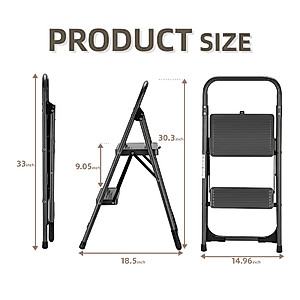 Step Ladder Folding 2 Step Stool Adult with Wide & Anti-Slip Pedals Ergonomic Portable Steel Ladder for Household, Kitchen, Office 330LBS (Gray, 2 Step)