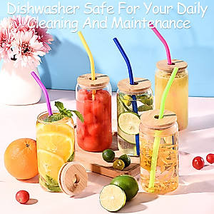 AJARAERA 16 oz Glass Cups with Lids and Straws,Beer Glasses,Iced Coffee Cup, Glass Cups,Glass Cup Set of 12