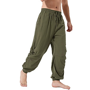 perdontoo Mens Casual Cotton Linen Pant Elastic Waist Drawstring Yoga Jogger Pants (3X-Large, Army Green)