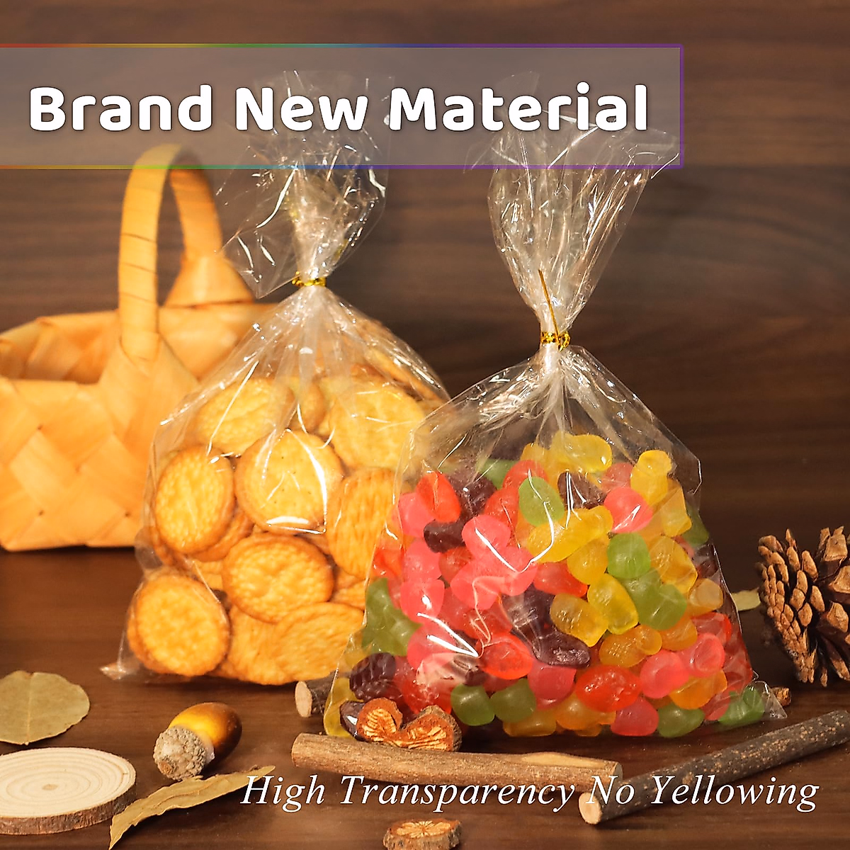 WIKDAY Cellophane Bags 100 PCS 6x10 Inches Clear Gift Gags with Ties Plastic Treat Party Favor Candy Bags for Gift Giving, Packaging Snack, Products