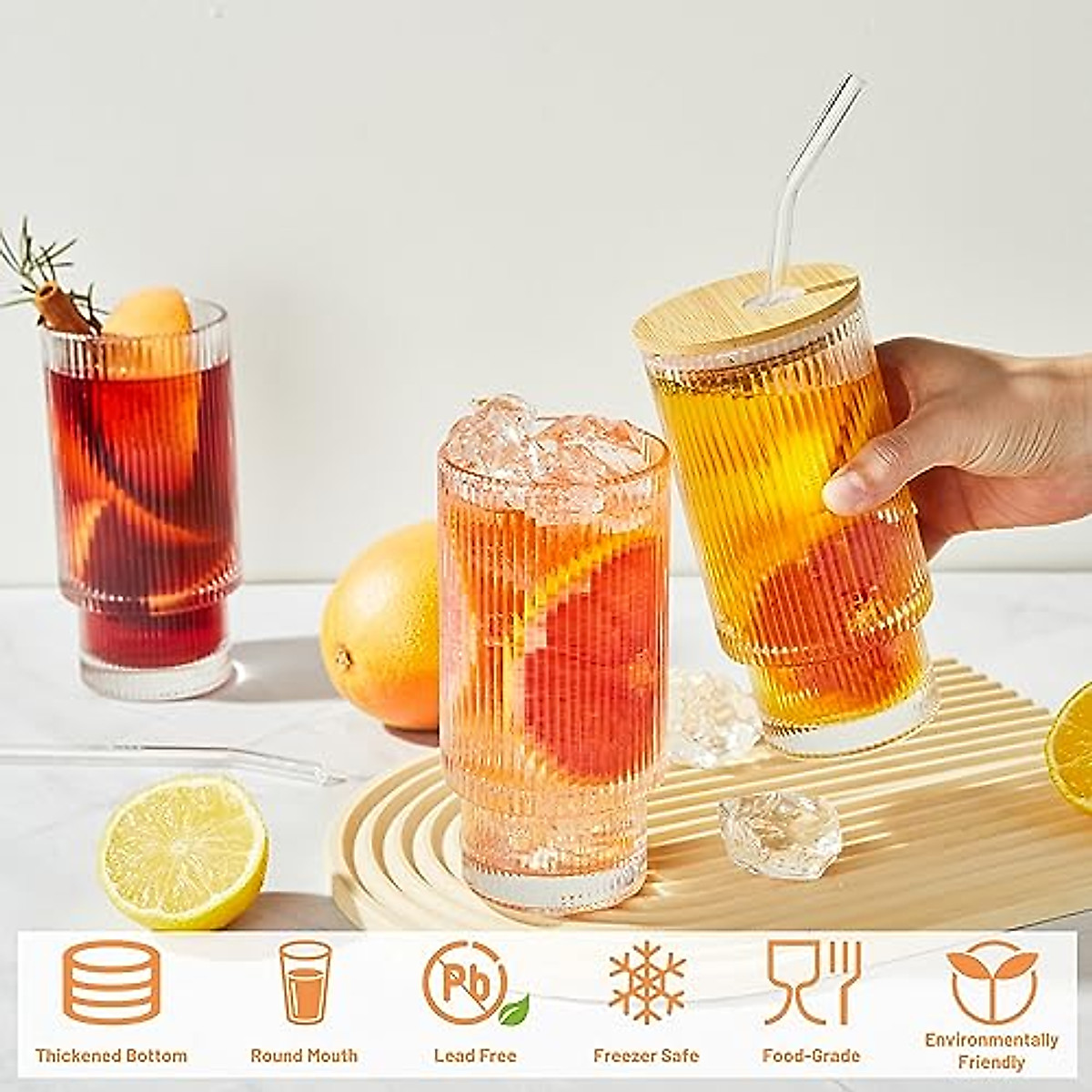 Set of 8 Glass Cups with Bamboo Lids and Straws 16oz Ribbed Glassware Set Drinking Glasses Highball Tumbler Airtight Lid Juices Iced Coffee Cups Mason Jar Drinking Cup for Cocktail Smoothies Soda Tea