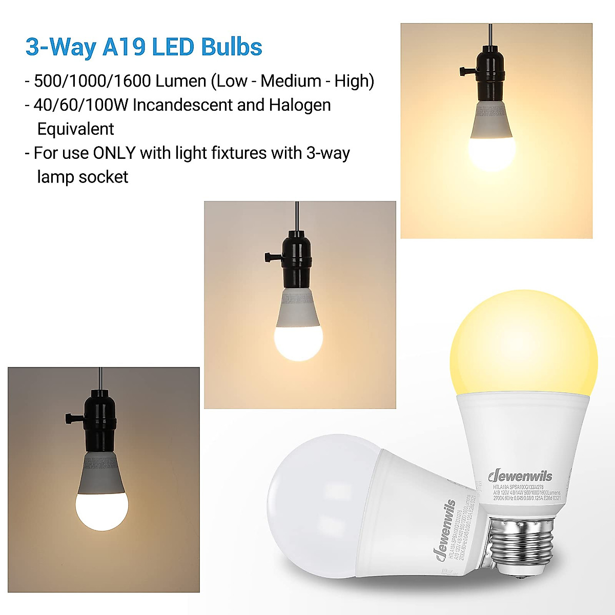 DEWENWILS LED 3 Way Light Bulbs, 40/60/100W Equivalent Three Way A19 LED Light Bulbs, E26 Medium Base 2700K Warm White Glow, 500/1000/1600LM Bright Light Bulbs, Non-dimmable, ETL Listed, 4-Pack