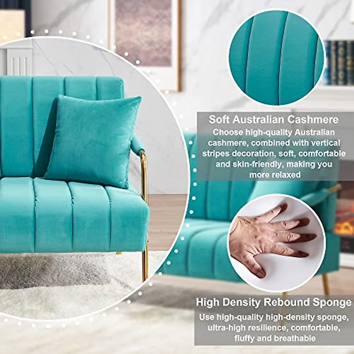 Yoluckea Cashmere Loveseat Chair Modern Loveseat Sofa with Gold-Finished Metal Legs Comfortable Sofa Couch Accent Sofa with 2 Small Pillows for Living Room Bedroom Load 500 Pounds (Blue)