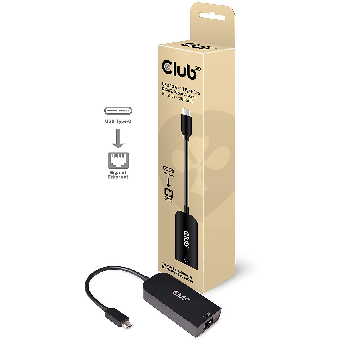 Club 3D USB 3.2 Adapter Type C to 2.5 Gigabit Ethernet ST./BU. Black CAC-1520