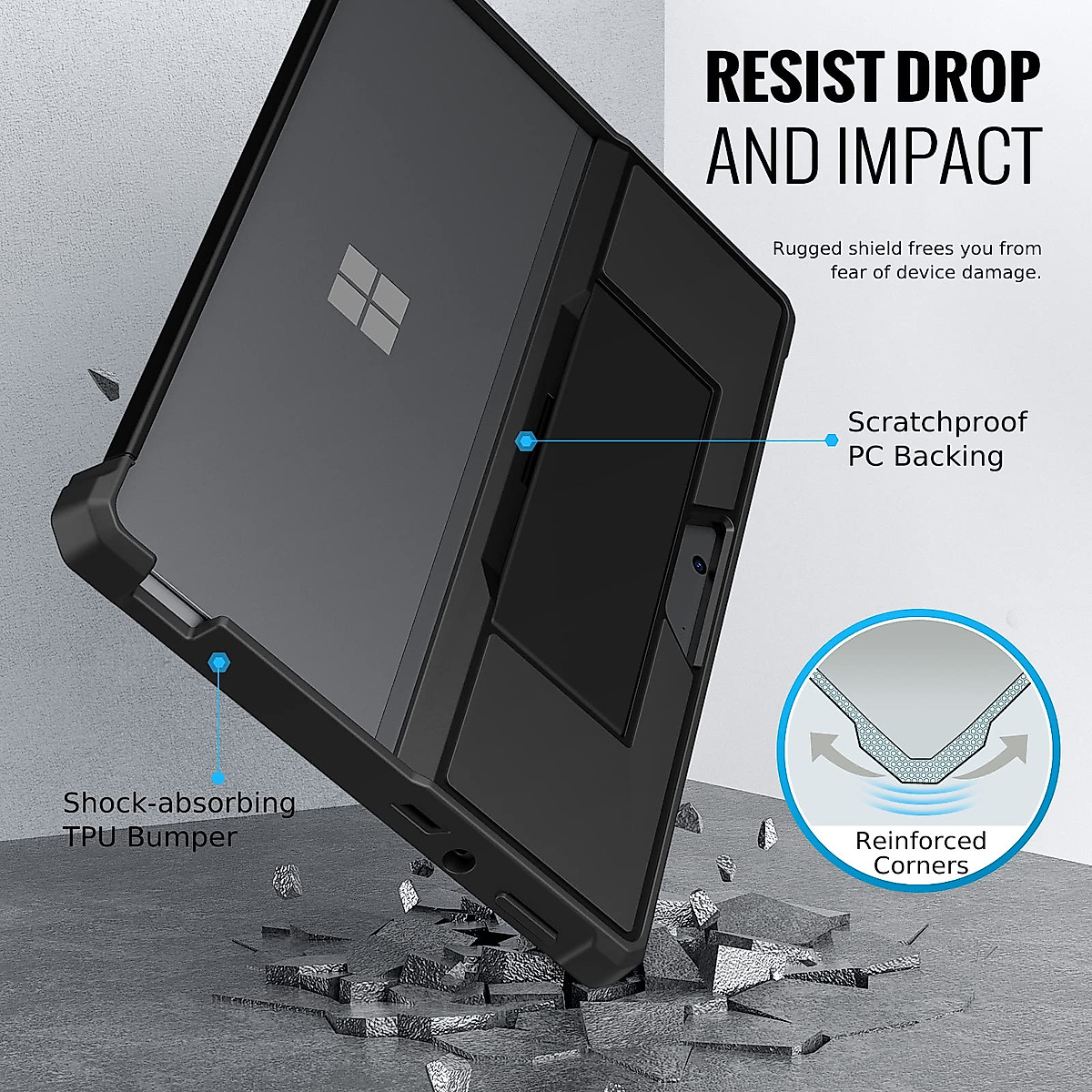 MoKo Case Fits Microsoft Surface Pro 8 13" Touchscreen 2021 Release Tablet, All-in-One Protective Rugged Cover Case with Hand Strap, Compatible with Type Cover Keyboard, Black