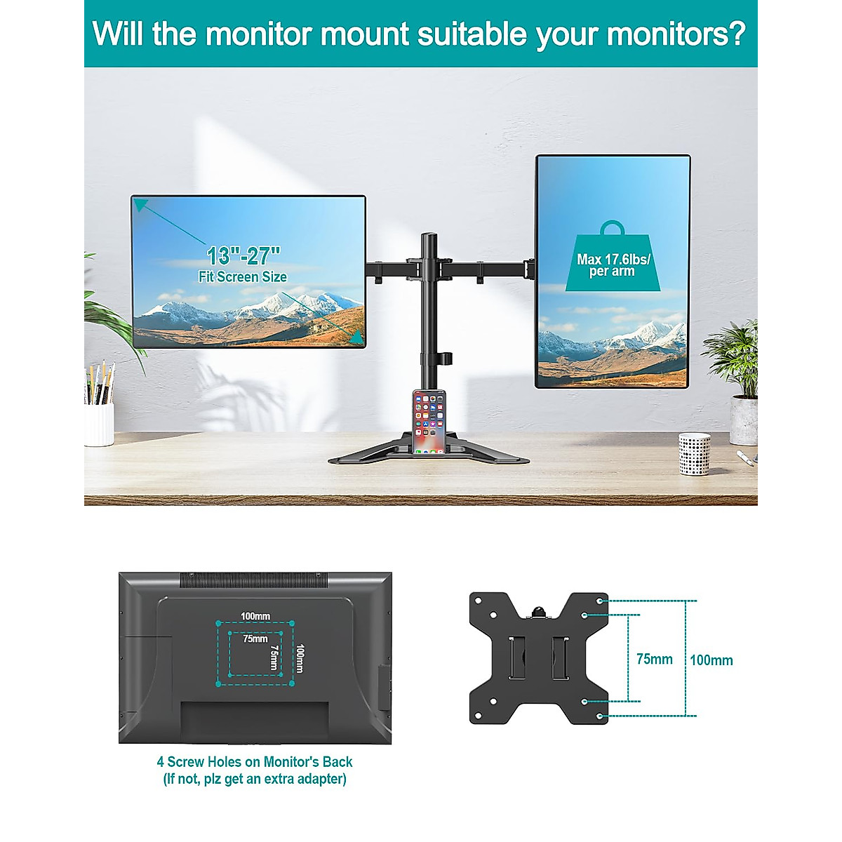 MOUNT PRO Dual Monitor Stand - Free Standing Full Motion Monitor Desk Mount Fits 2 Screens up to 27 inches,17.6lbs with Height Adjustable, Swivel, Tilt, Rotation, VESA 75x75 100x100