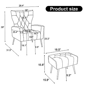 Modern Velvet Accent Chair with Ottoman, Elegant Wingback Armchair with Gold Metal Legs, Comfy Upholstered Single Leisure Sofa Reading Chair for Living Room Bedroom Club Apartment Home Office (Beige)