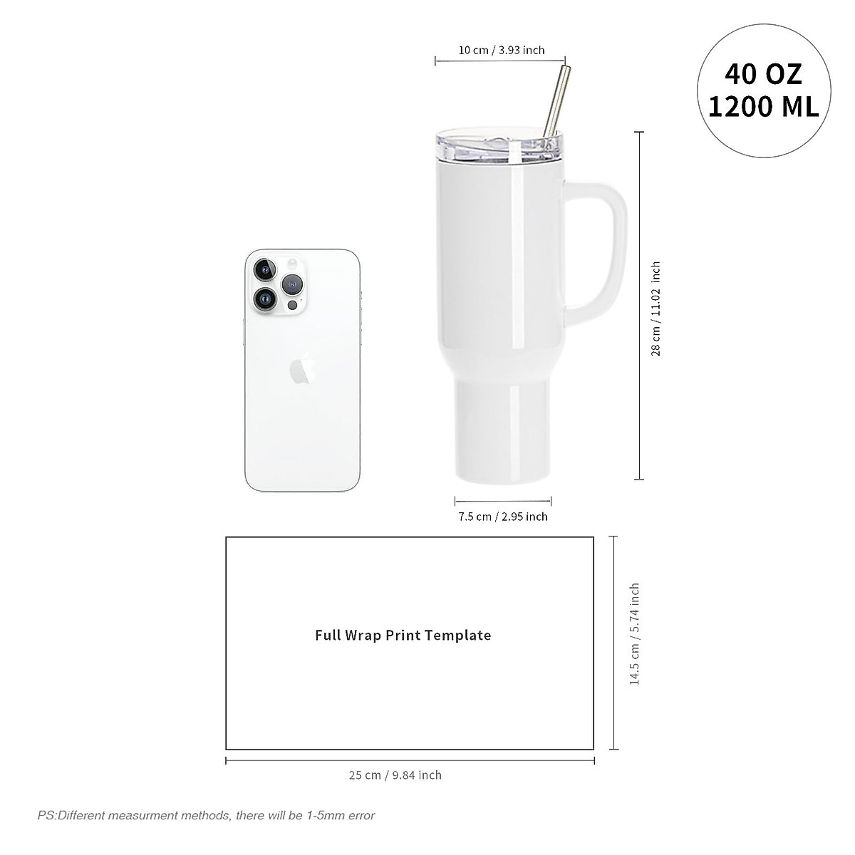 PYD Life 40 OZ Sublimation Tumblers with Removable Handle and Straw Lid Blanks White for 40 OZ Tumbler Heat Press Sublimation Oven Printing 2 Pack