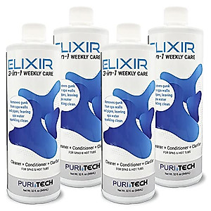 Puri Tech Spa Elixir 3-in-1 Weekly Care 4 Pack Cleaner Conditioner Clarifier Removes Gunk from Walls and Pipes in Spas and Hot Tubs 32oz