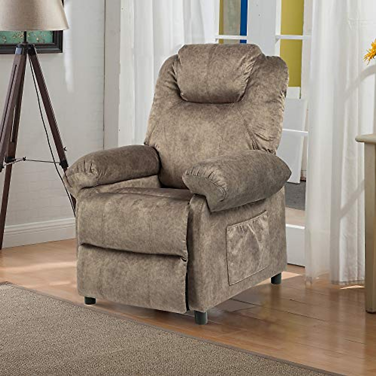 KCREAM Recliner Chair Massage Heated Fabric Overstuffed Ergonomic Lounge Chair for Living Room Single Sofa Chair Padded Seat with 2 Side Pockets, Vibration Function Reclining Chair (Brown)