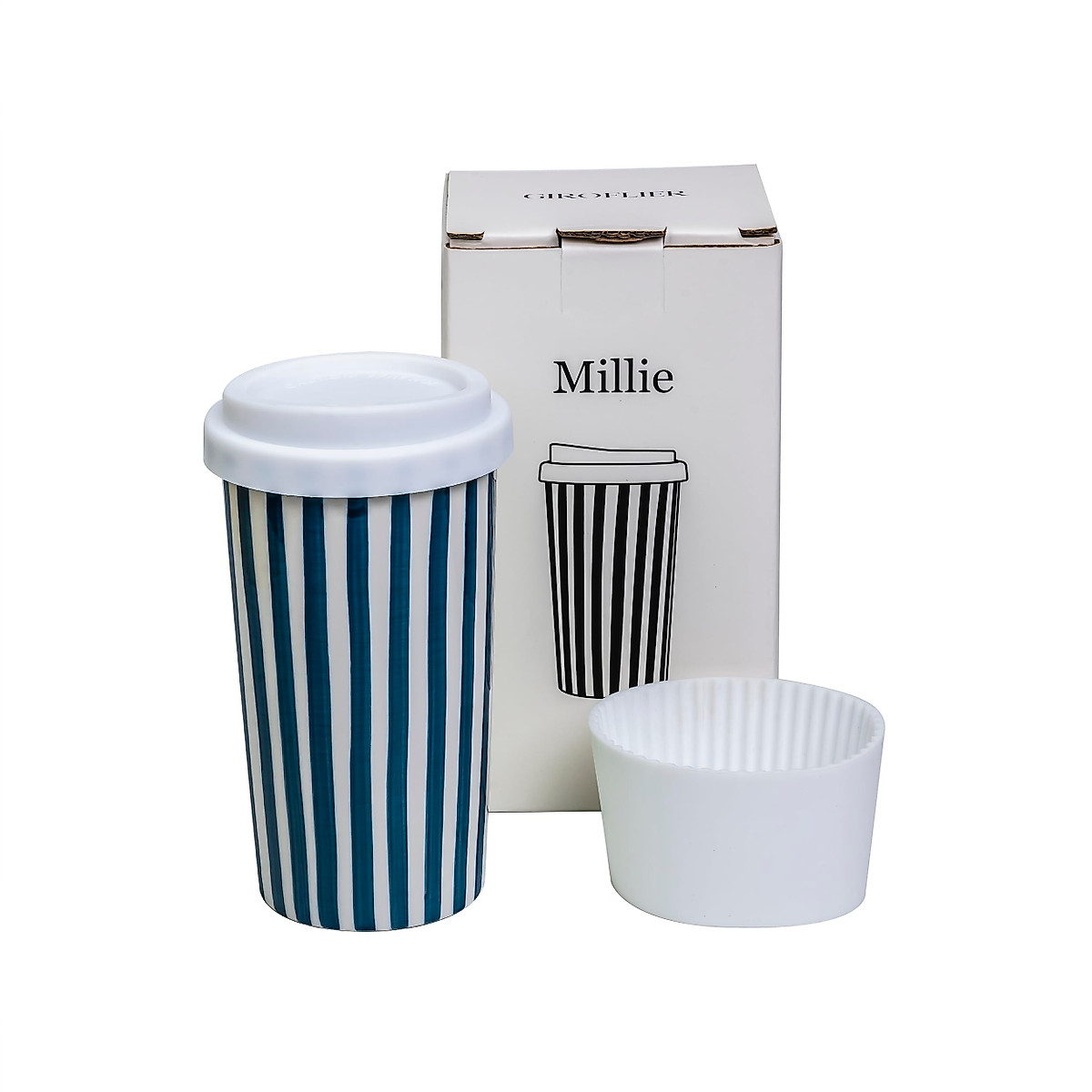GIROFLIER Millie Ceramic Travel Mug, 12 oz, Blue, Reusable Coffee Cup with Lid, Microwave and Dishwasher Safe
