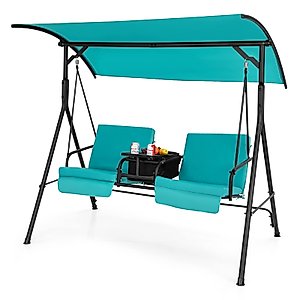 Tangkula 2 Person Porch Swing, Outdoor Swing with Pivot Storage Table, Cooler Bag, 2 Cup Holders, Removable Cushions, Patio Swing with Canopy for Backyard Balcony Poolside (Turquoise)