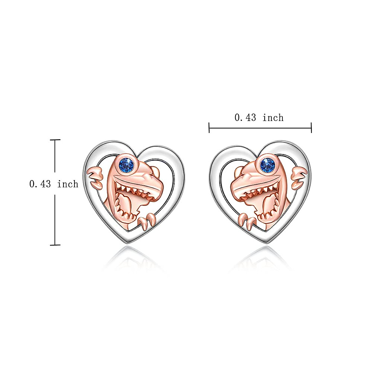 Heart Dinosaur Earrings Sterling Silver Studs for Cute Crystal Sapphire Jewelry Women's Statement Hypoallergenic Animal Valentine Gift