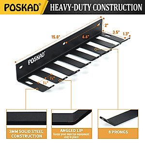 Poskad Gym Storage Rack,8 Hook Heavy-Duty Steel Gym Organizer Wall Mount Hanger for Home and Pro, Gym Accessory Storage Resistance Bands,Jump Ropes,Lifting Belt,Barbells. (16''-8 Hooks)