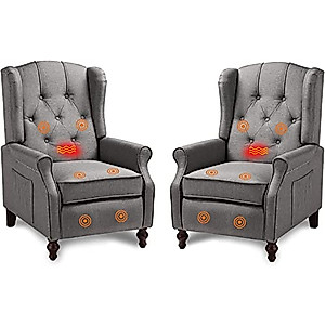 OQQOEE Wingback Recliner Chair with Massage & Heat Vibration, Fabric Push Back Accent Chairs Diamond Tufted Reclining Armchair for Living Room, Bedroom (Fabric, Light Grey)