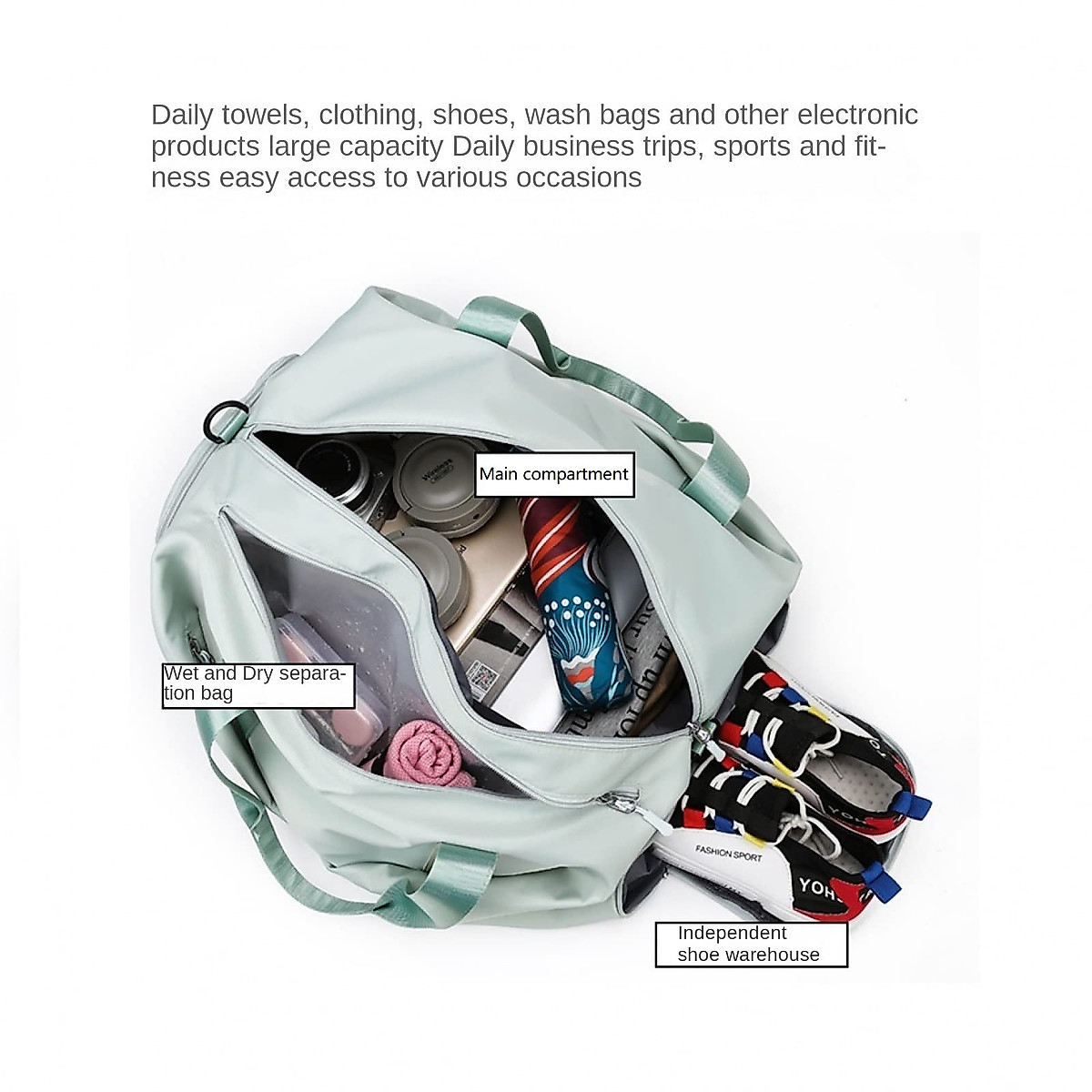 Duffle Bag, Gym Bag for Women, Separate Shoes Compartment Yoga Bag, Wet and Dry Separation Beach Bag (Large, Mint Green)