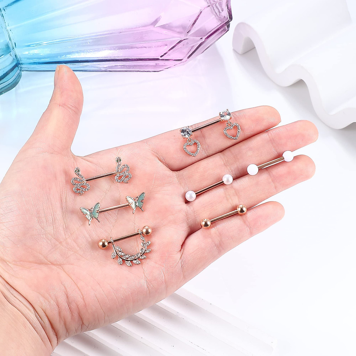 Besteel 𝟕 𝑷𝒂𝒊𝒓𝒔 Nipple Piercing Jewelry Stainless Surgical Steel Nipple Rings Set Cute CZ Ball Heart Butterfly Snake Tongue Belly Barbell Body Jewelry for Women 14G Rose Gold