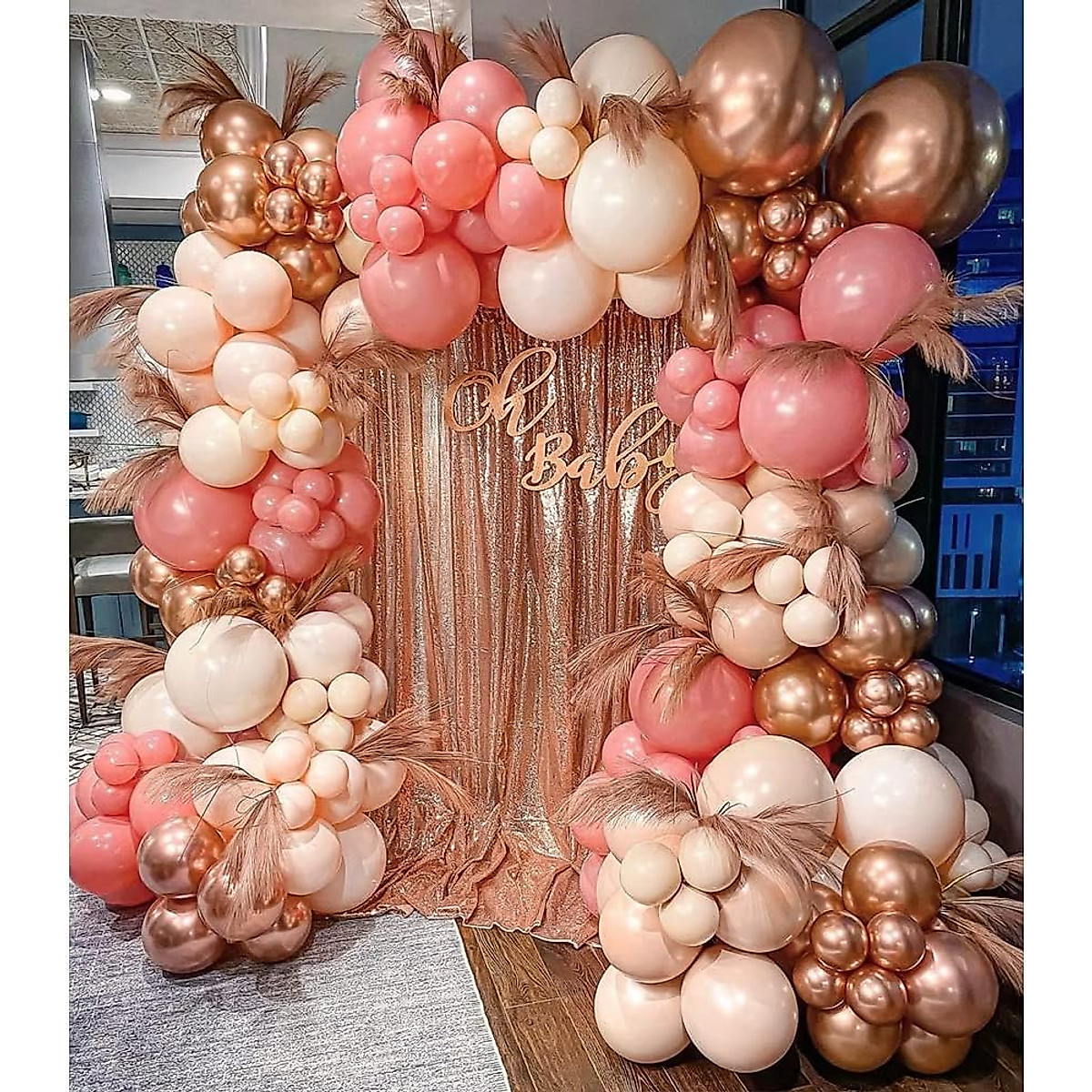 Pink Balloon Arch Kit, 120pcs Macaron Pink Balloon Garland Arch Kit, Orange Apricot and Metallic Rose Gold Balloon for Girls Boho Balloon Arch for Baby Bridal Shower, Birthday Party and Princess Theme