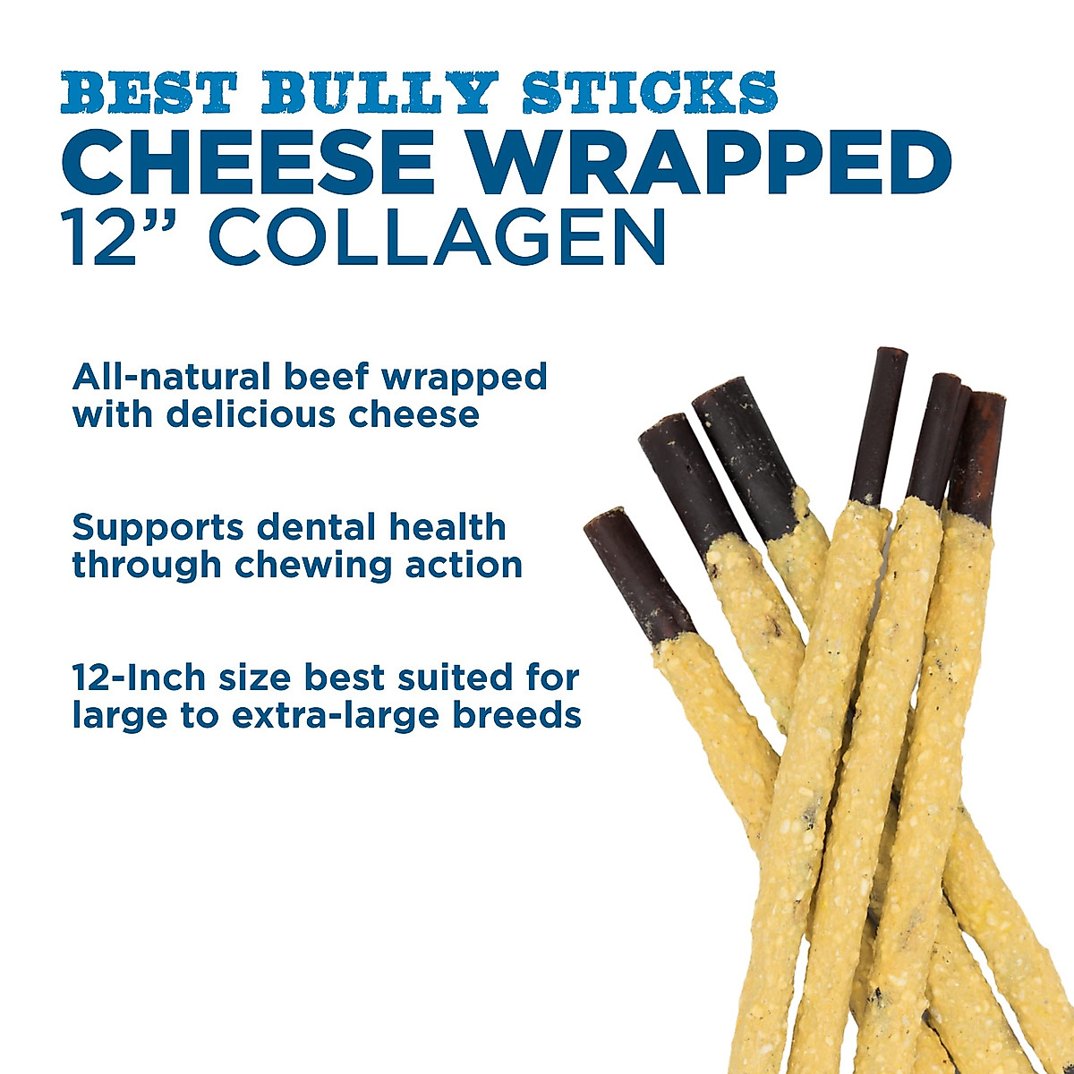 Best Bully Sticks All Natural Cheese Wrapped Beef Collagen Sticks - 12 Inch 12 Pack - Long Lasting Limited Ingredient Dog Chew - Supports Healthy Joints, Skin & Coat