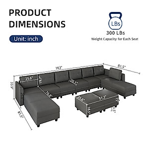 LLappuil Oversized Modular Sectional Sofa with Storage, U Shaped Sectional with Ottomans, 12 Seater Sleeper Couch for Living Room, Faux Leather Fabric Waterproof Sofa, 163 Inch Width, Dark Grey