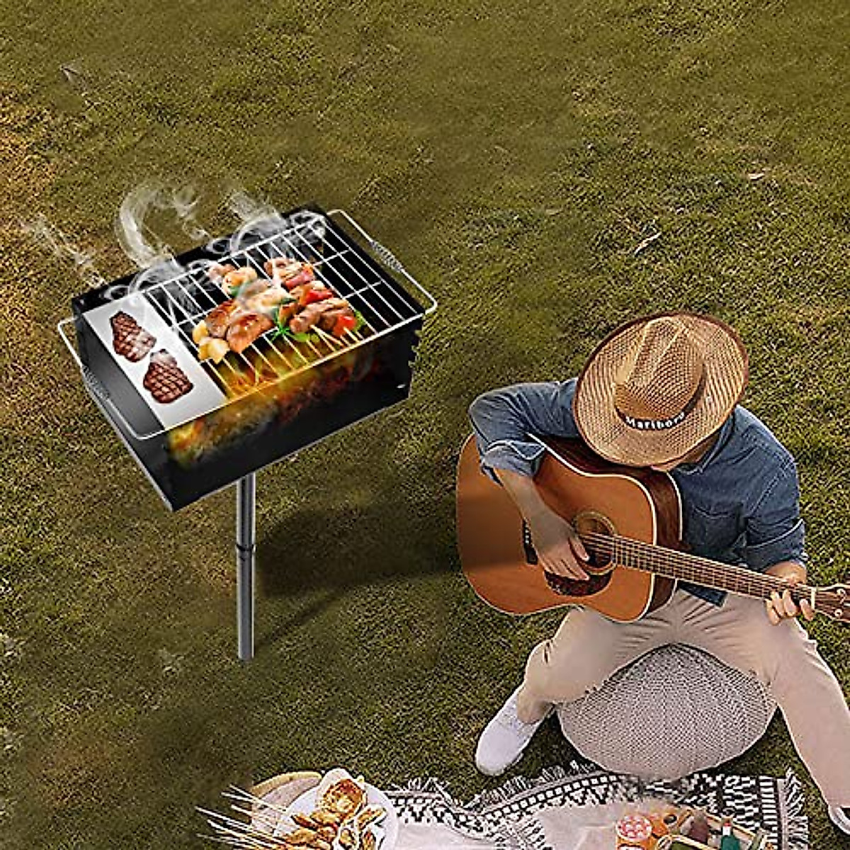 Outdoor Park Style Grill Rotatable 4 Level Height Adjustable BBQ Grill Steel 25 inch x 17 inch Cooking Area Camp Grill for Parks Gardens or Balconies
