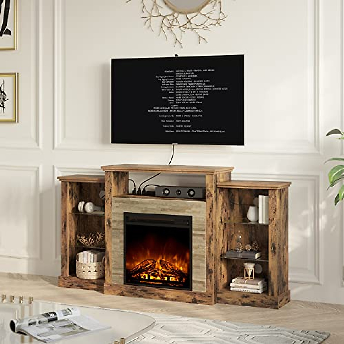 Rolanstar Fireplace TV Stand with Led Lights and Power Outlets, TV Console for TVs up to 65", Entertainment Center with Adjustable Glass Shelves, Rustic Brown