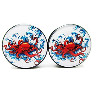 Red Octopus Ear Plugs - Acrylic Screw-On - 10 Sizes - Brand NewPair (13/16" (20mm))