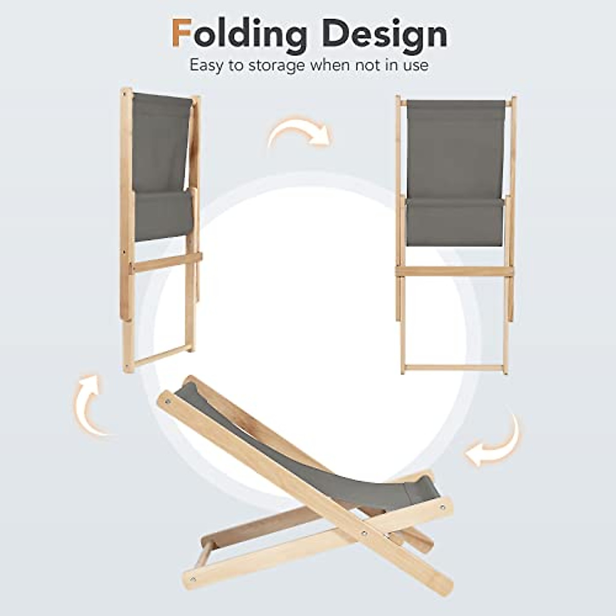 Tangkula Folding Sling Chair, Outdoor Wood Portable Beach Chair with 3-Positions Adjustable Backrest, Patio Lounge Chair with Thick Cushion for Yard Poolside Balcony (2)