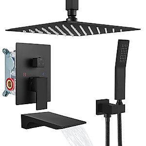 gotonovo Rain Mixer Shower Faucet Set Combo with Waterfall Tub Spout Rain Shower System Ceiling Mount Rainfall Shower Head with Handheld Spray Rough-in Valve and Trim Included Matte Black 12''