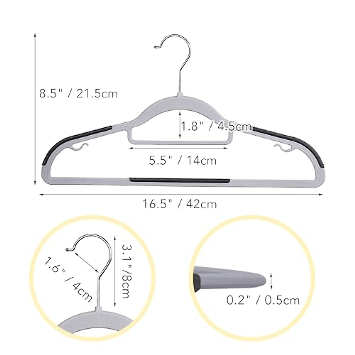 Non Slip Hangers 20 Pack, Clothes Plastic Hangers, Thin Hangers Plastic, Hangers Non Slip, Heavy Duty Hangers, 360° Swivel Space Saving Hangers with Clothes Hooks for Shirts, Pants, Dress (Grey)