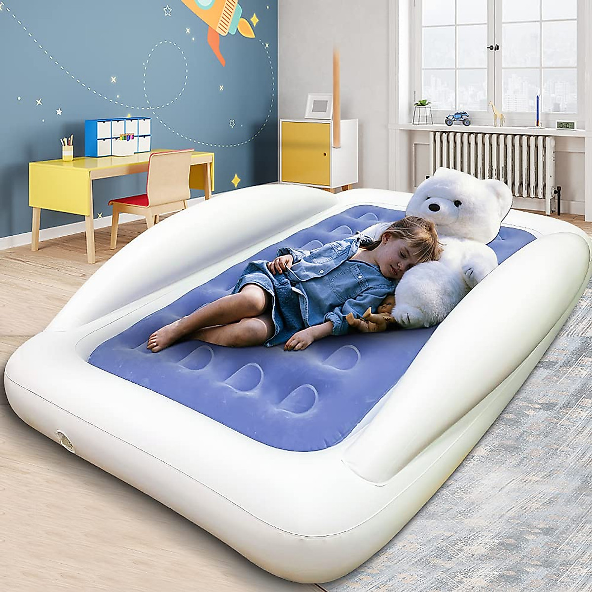 Inflatable Kids Travel Bed Toddler Air Mattress Set - Portable Blow Up Mattress Sleeping Bed Cot with Security Bed Rails and Electric Pump Ideal for Road Trip Camping Sleepovers etc. (Upgraded)