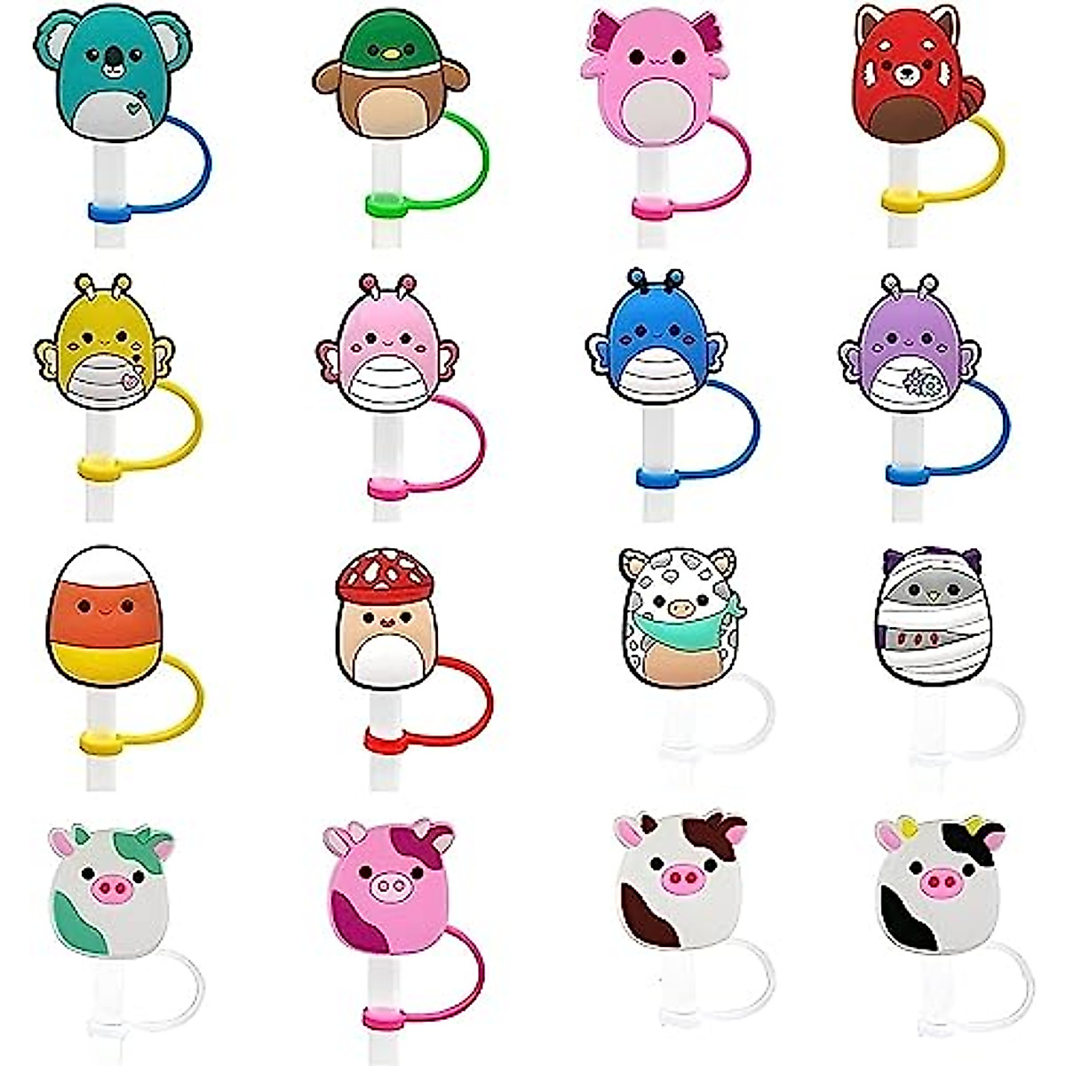 16Pcs Animal Straw Tips Cover Cap Reusable Silicone Straw Toppers Drinking Straw Tips Lids for 6-8 mm Cute Straws Plugs (Straw Not Included)