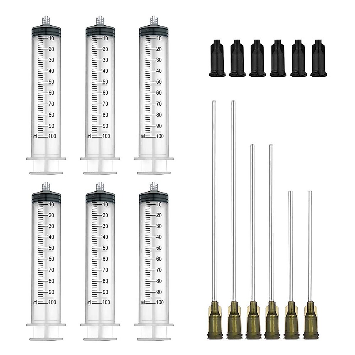 6 Pack 100ml Syringes with 14G 4.0" 3.0'' 2.0" Blunt Tip Needles and Storage Caps(Luer Lock), Plastic Reusable Syringe for Glue Applicator, Oil Dispensing Multiple Uses